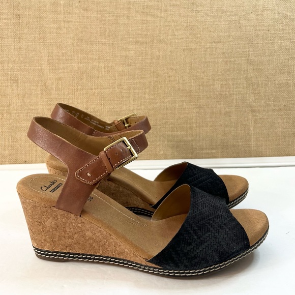 Clarks | Shoes | Clarks Collection Black And Tan Peep Toe Wedge Sandals ...